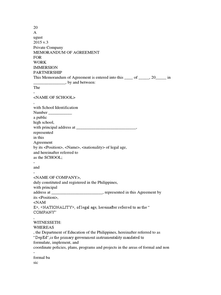 MEMORANDUM OF AGREEMENT ON WORK IMMERSION PARTNERSHIP.docx | Employment ...