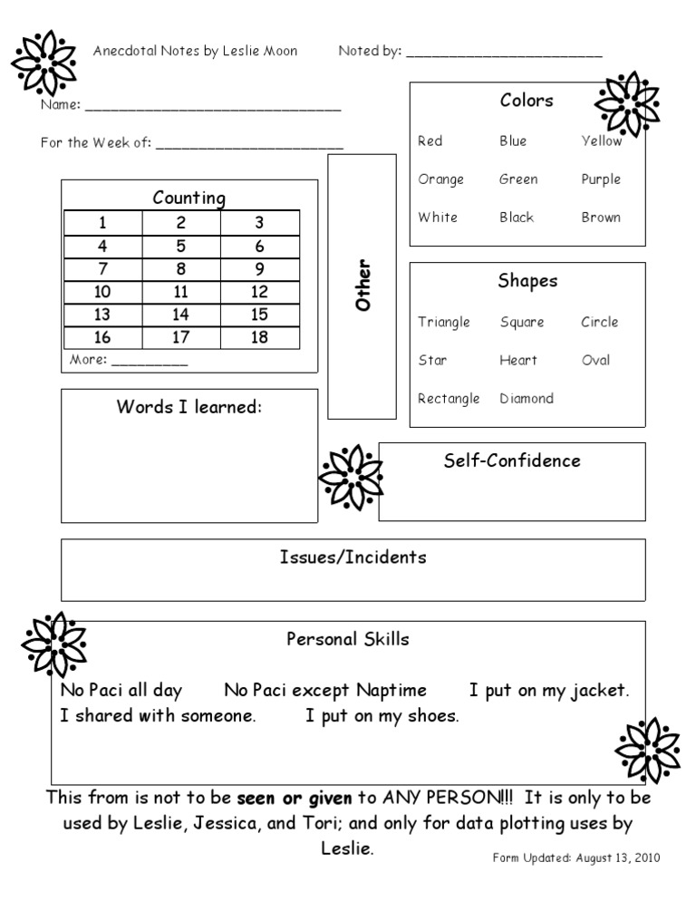 Weekly Anecdotal Notes Template | PDF
