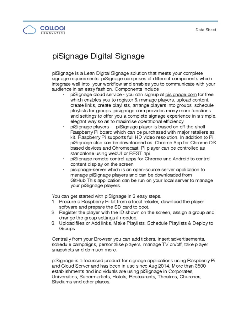 Pisignage Datasheet | PDF | Raspberry Pi | Streaming Media