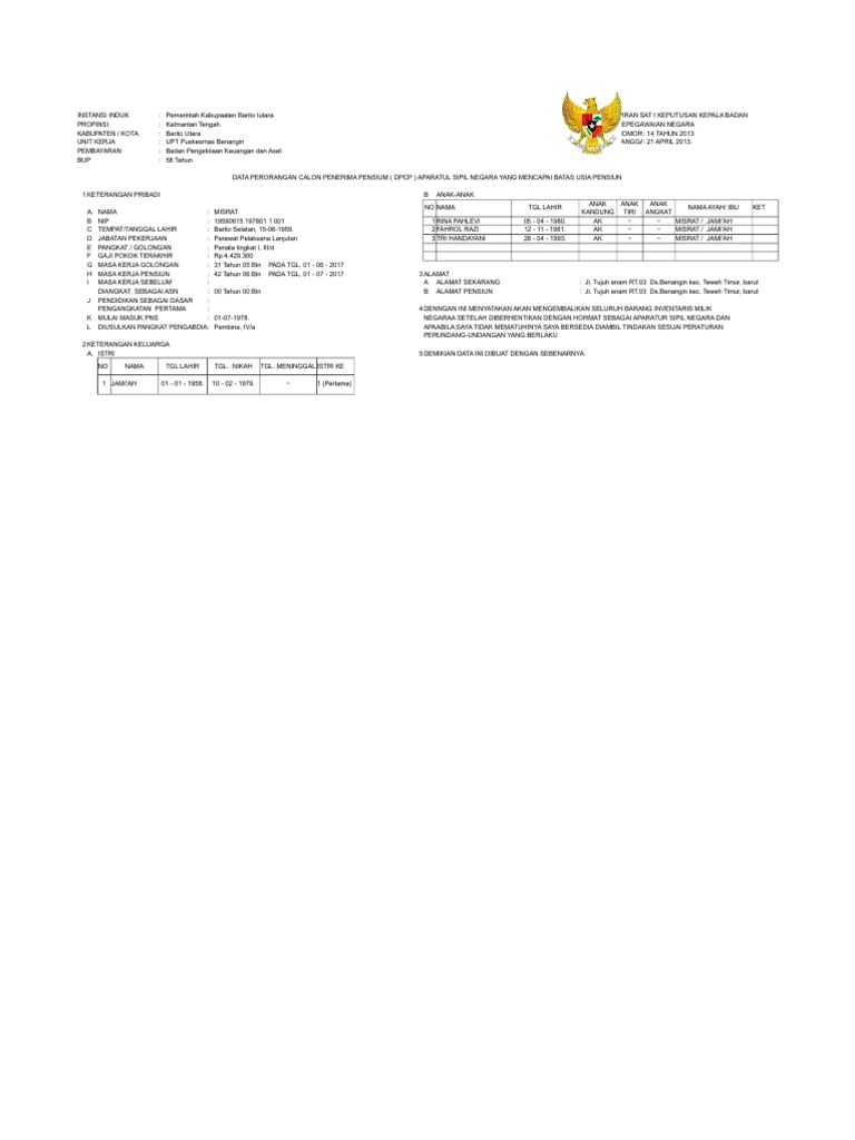 Data Perorangan Calon Penerima Pensiun | PDF