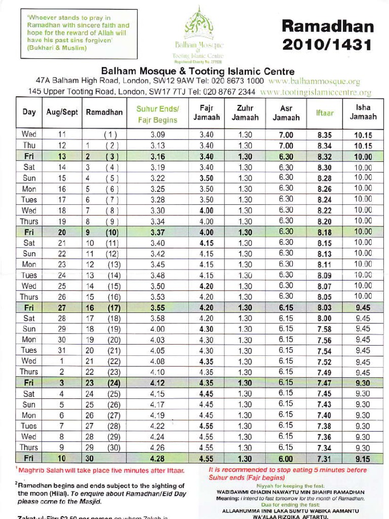 Ramadhan Timetable Balham Mosque & Tooting Islamic Centre | PDF