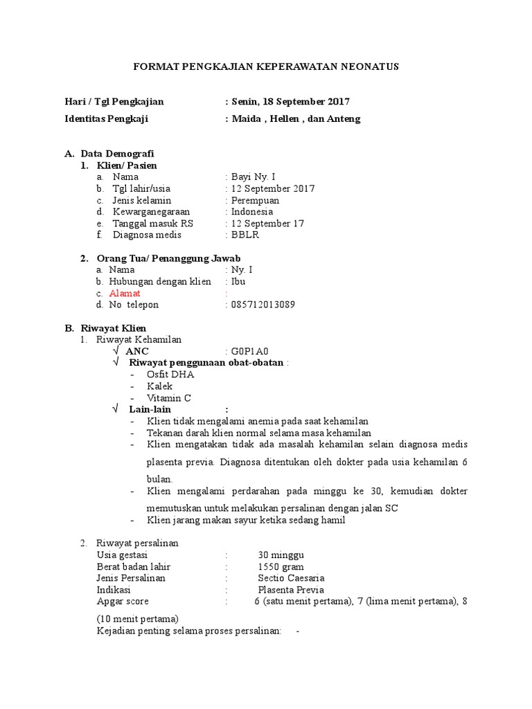 Format Pengkajian Keperawatan Neonatus | PDF