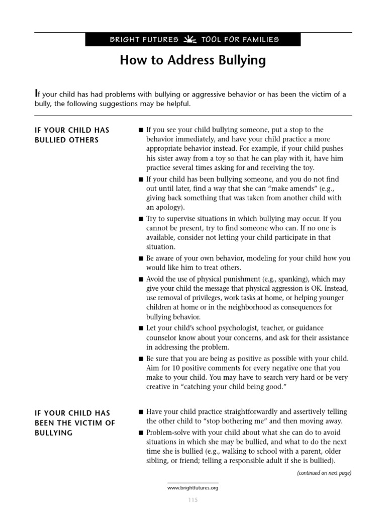 How To Address Bullying: Bright Futures Tool For Families | PDF ...