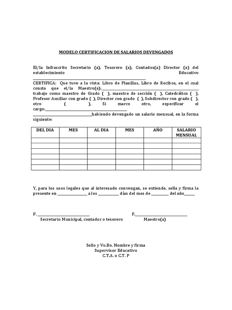 Modelo Certificación de Salarios Devengados | PDF