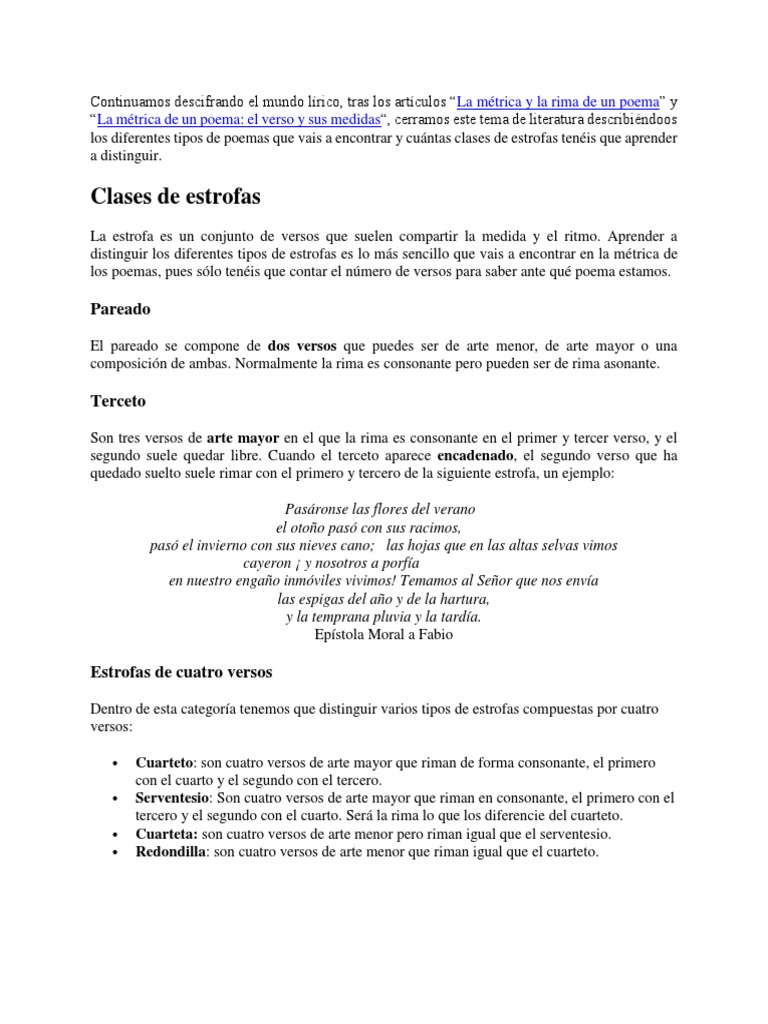 Tipos y Clases de Estrofas Poéticas | PDF | Metro (poesía) | Rima