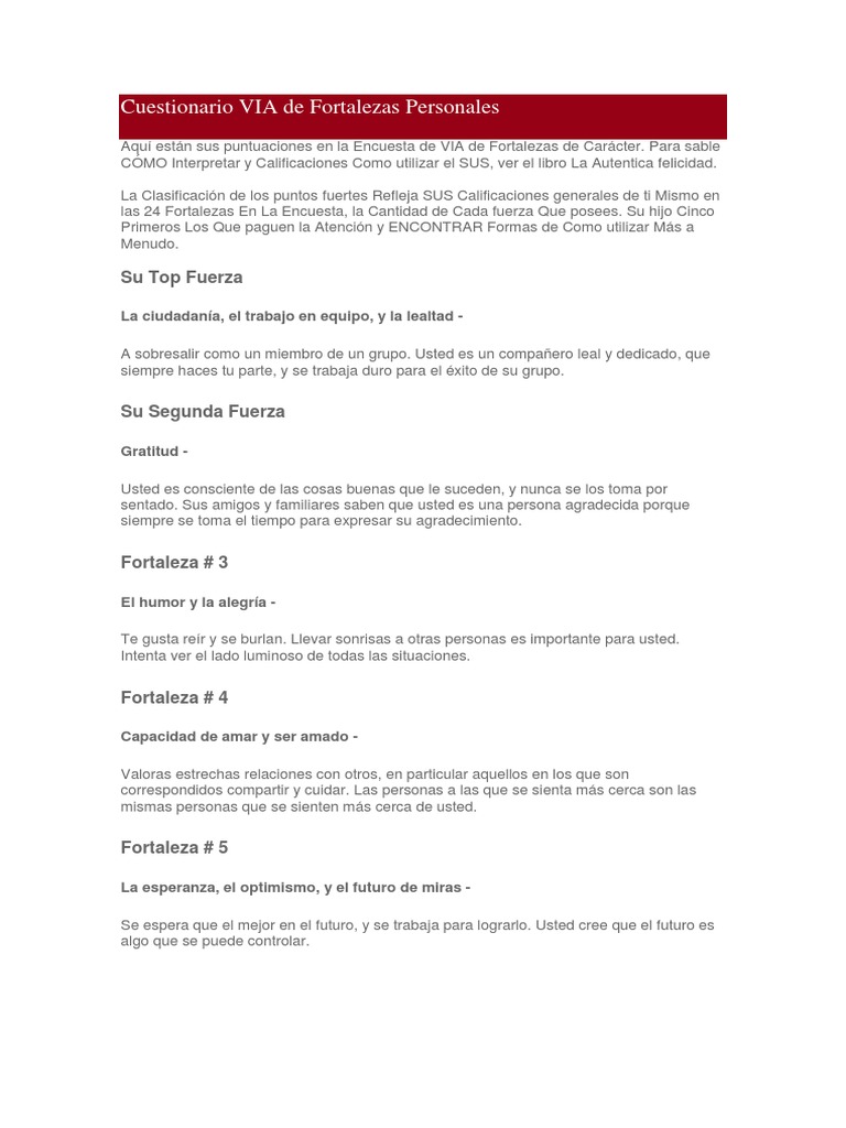 Cuestionario Via de Fortalezas Personales | PDF