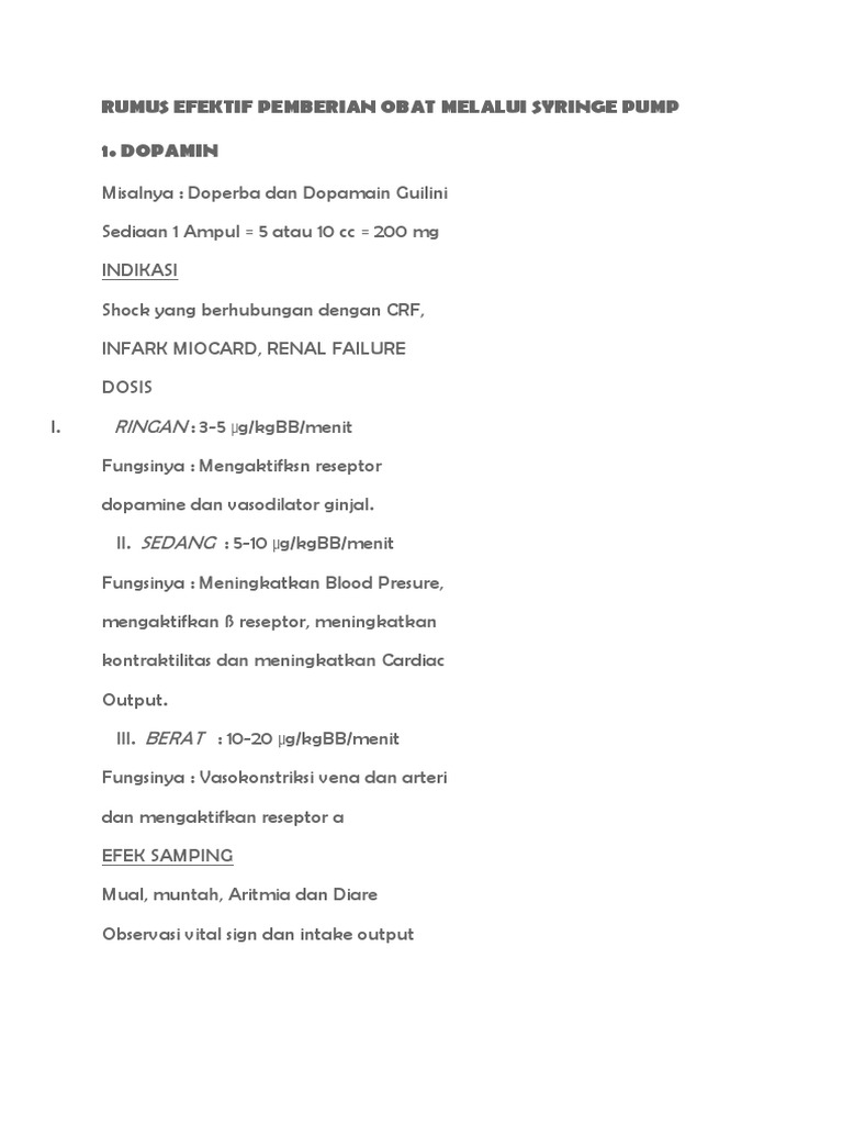 Rumus Efektif Pemberian Obat Melalui Syringe Pump 1. Dopamin | PDF