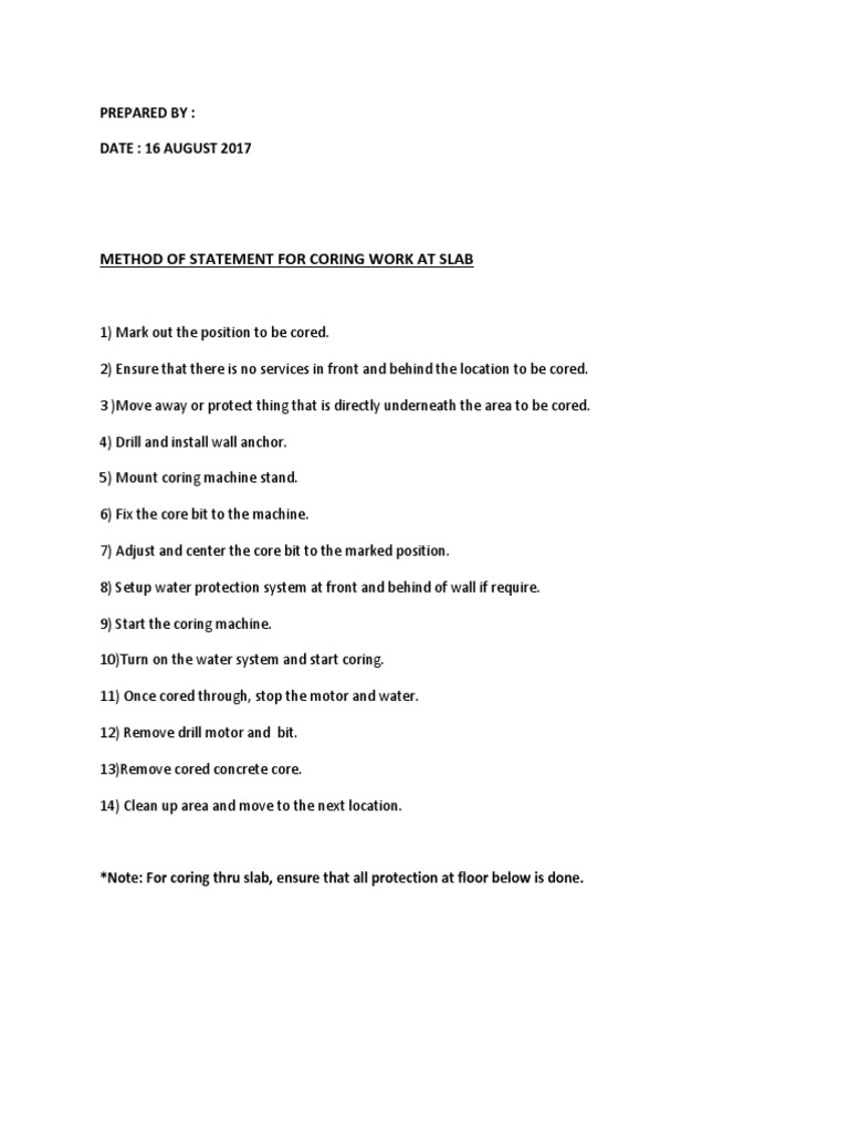 Method of Statement For Coring Work | PDF