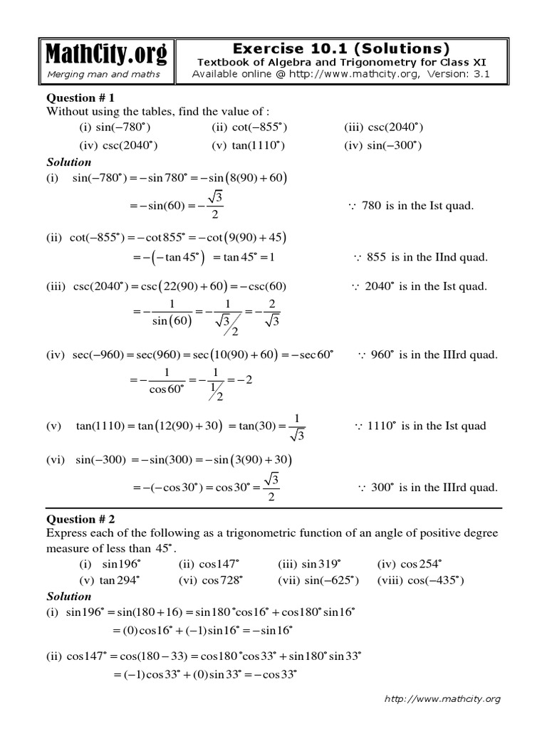 Class XI Algebra & Trigonometry Solutions | PDF | Trigonometric Functions | Sine