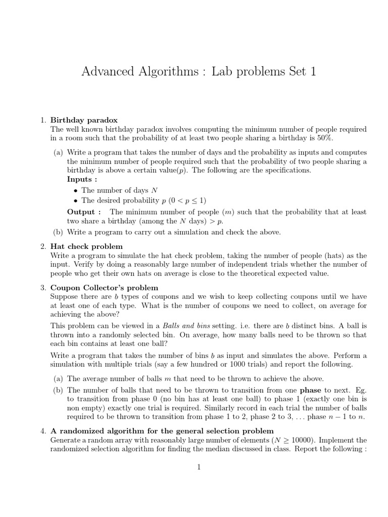 Advanced Algorithms: Lab Problems Set 1 | PDF | Algorithms ...