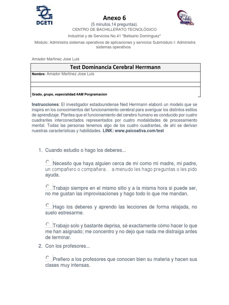 Anexo 6 Test de Dominancia Cerebral Herrmann (JoseLuis) | PDF | Prueba ...