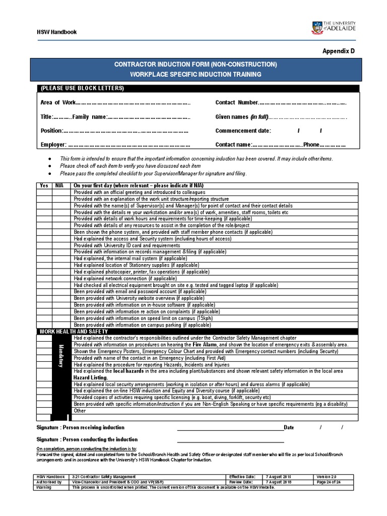 Construction Induction Checklist Template | PDF | Security Alarm ...