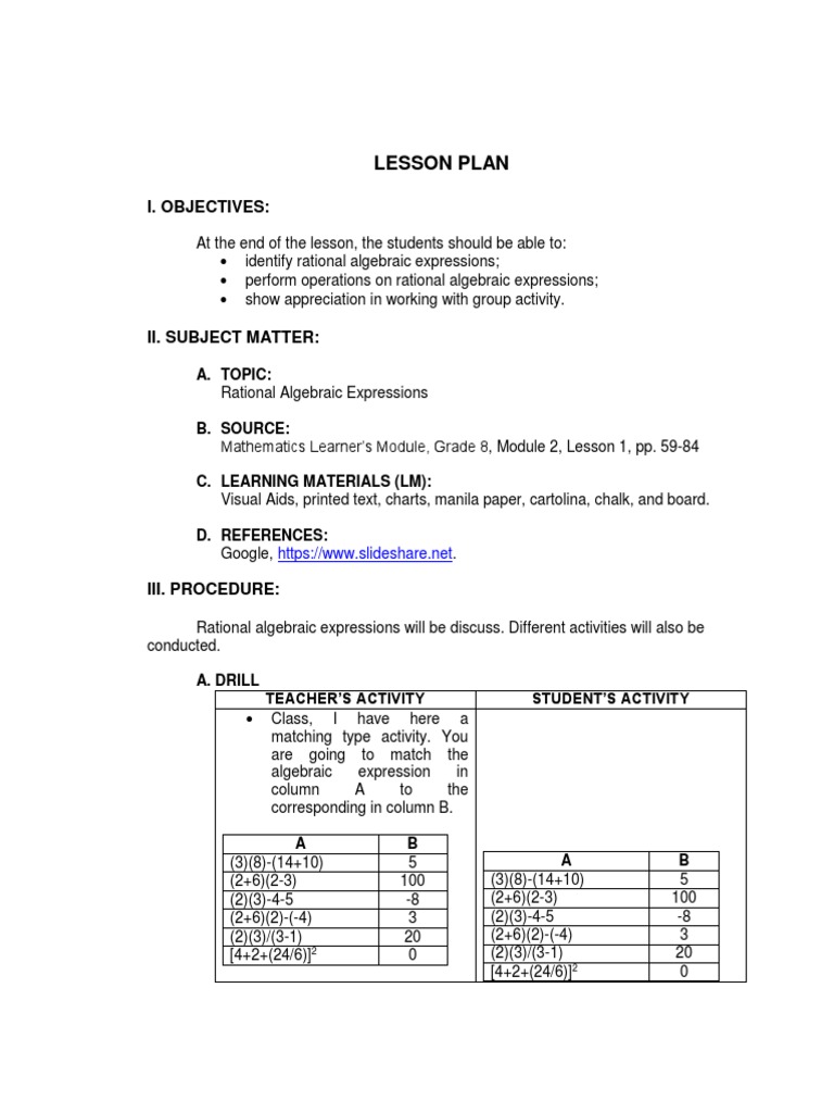 Lesson Plan | PDF | Equations | Lesson Plan