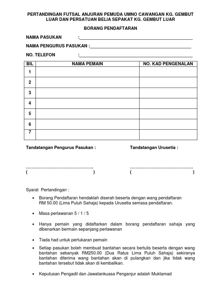 Borang Pendaftaran Futsal Dan Takraw | PDF
