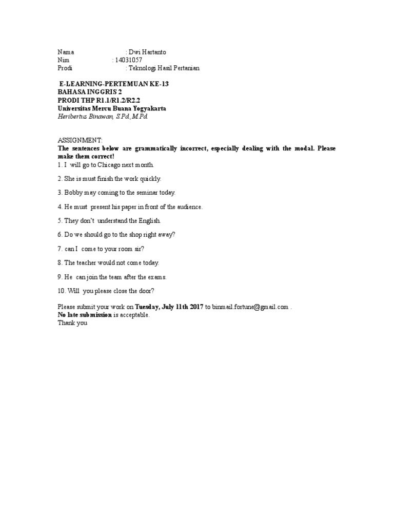 Correcting Grammatically Incorrect Sentences with Modals | PDF