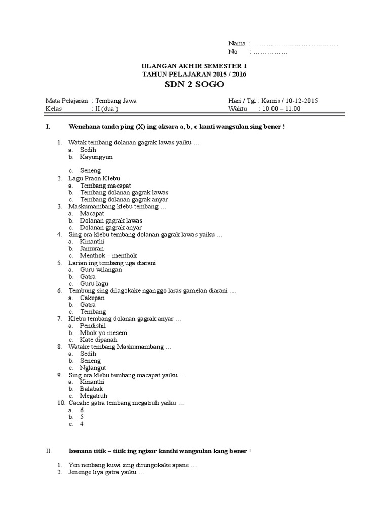 Soal Tembang Jawa Kelas 2 | PDF Soal Tembang Jawa Kelas 2 | PDF