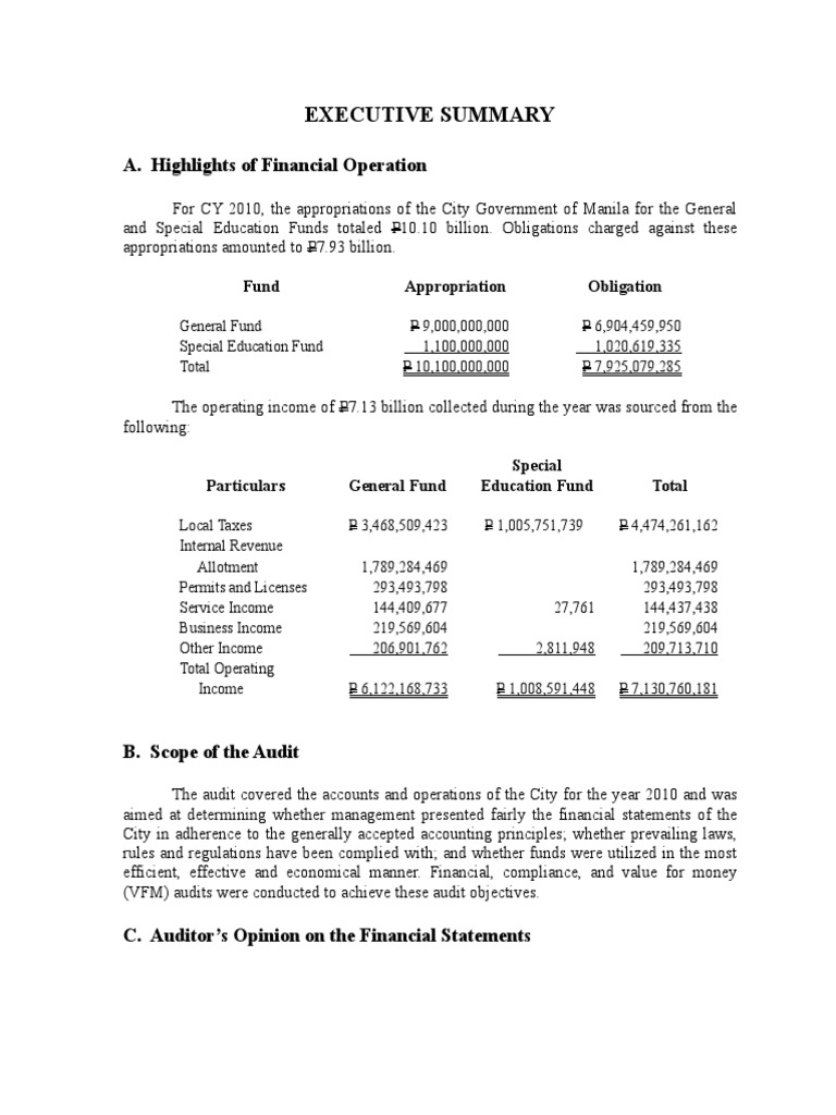Executive Summary: A. Highlights of Financial Operation | PDF | Audit ...
