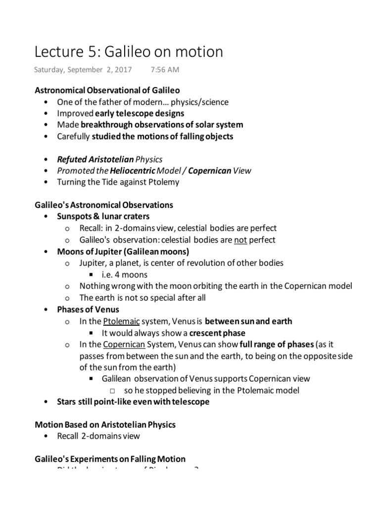 Lecture 5 Galileo On Motion | PDF | Galileo Galilei | Heliocentrism