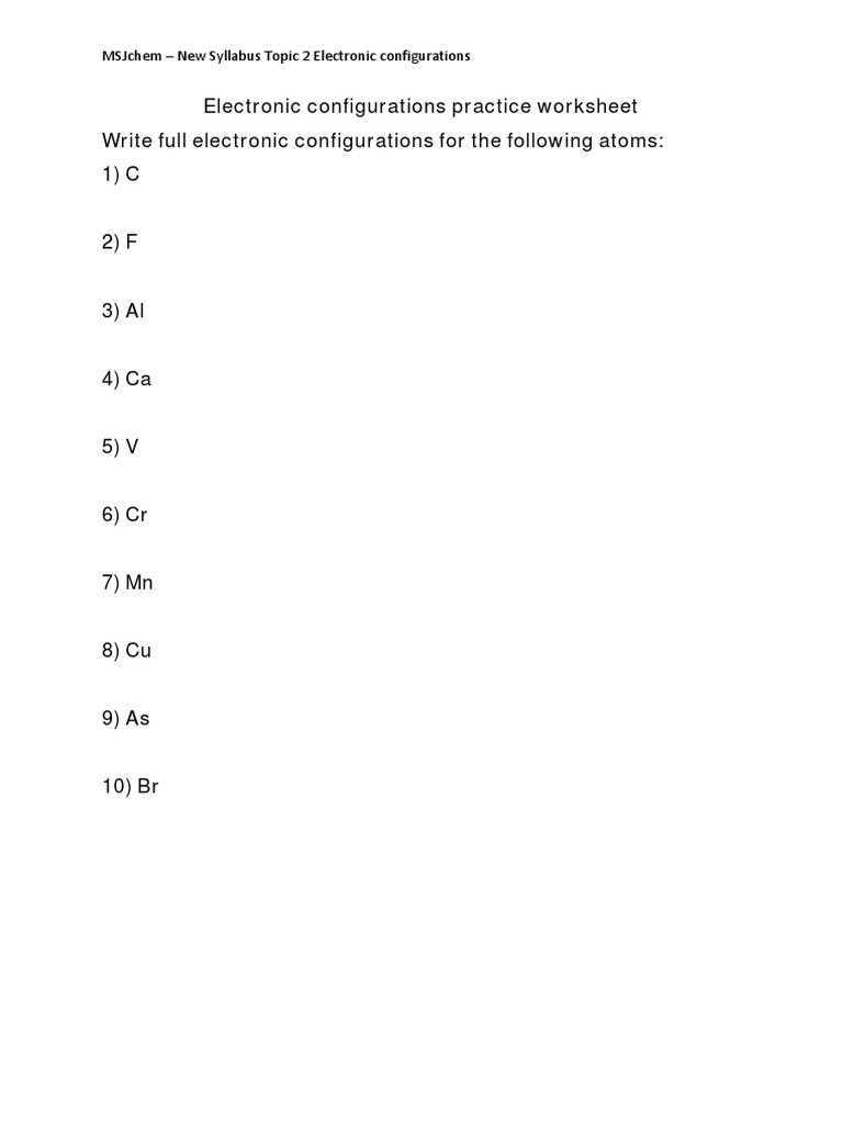 Electronic Configurations Practice Worksheet | PDF