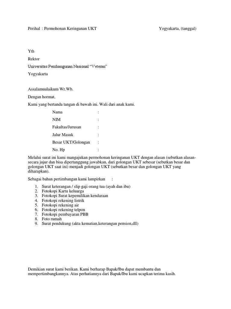 Format Surat Pengajuan Penurunan UKT | PDF