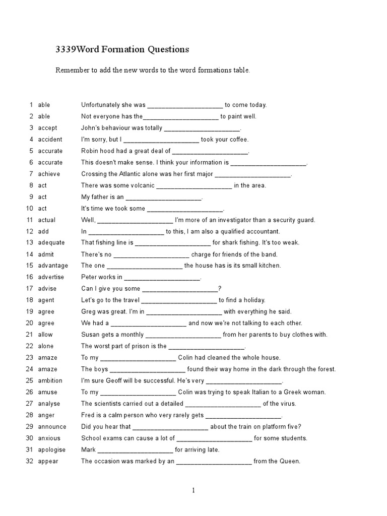 Word Formation Questions | PDF | Nature