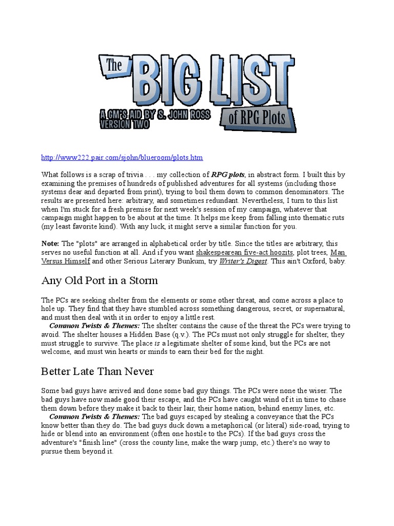 The Big List of RPG Plots | PDF | Prison | Leisure