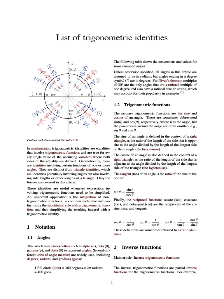 List of trigonometric identities.pdf | Trigonometric Functions | Sine