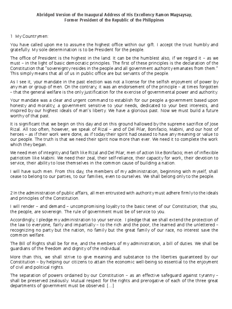 Abridged Version of The Inaugural Address of His Excellency Ramon ...