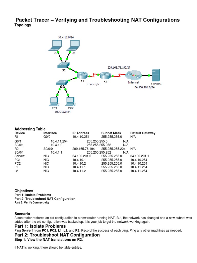 5.3.1.4 Packet Tracer - Verifying and Troubleshooting NAT Configurations Instructions-Ok | PDF ...