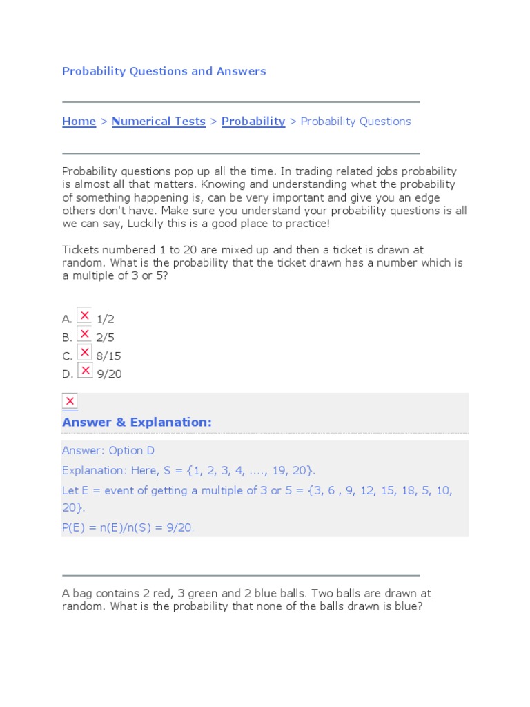 Probability Questions and Answers - Test | PDF | Function (Mathematics ...