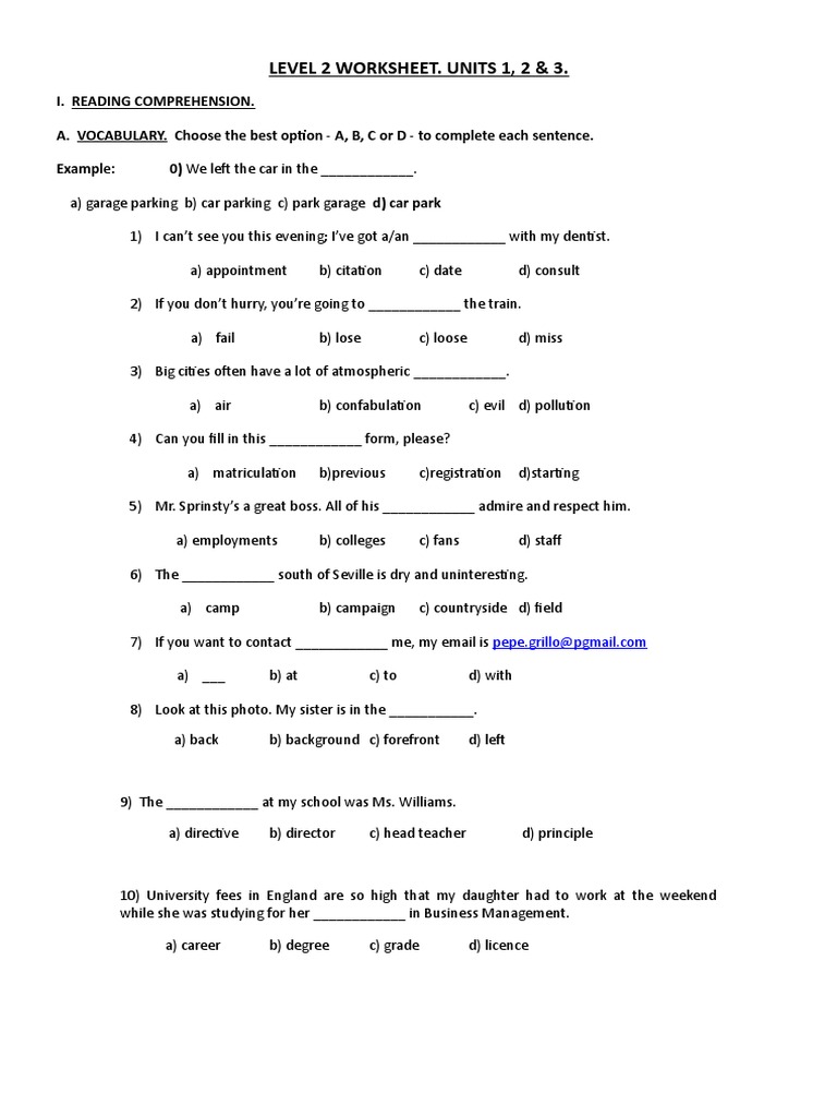 Level 2 Worksheet. Units 1, 2 & 3 | PDF