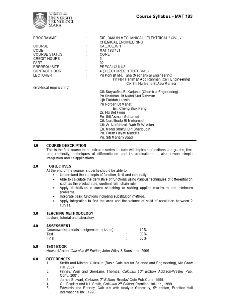 Syllabus Jan09 MAT183 | PDF | Integral | Calculus