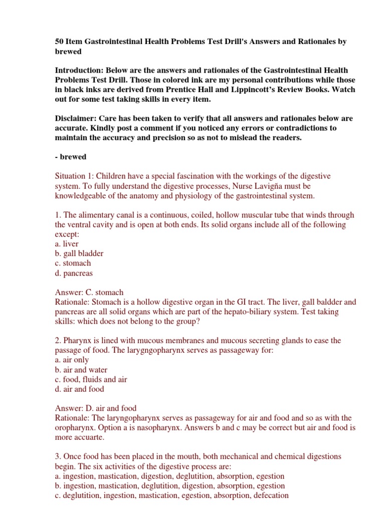 50 Item Gastrointestinal Health Problems Test Drill Keys | PDF ...