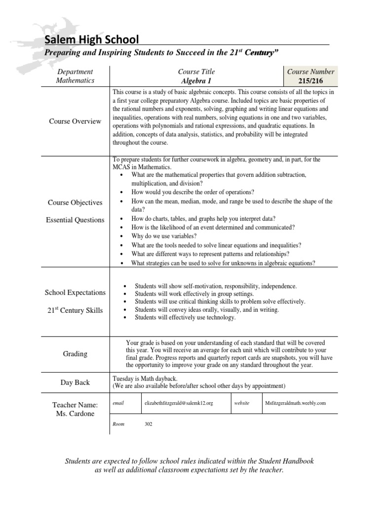 Algebra 1 Syllabus | PDF | Equations | Algebra