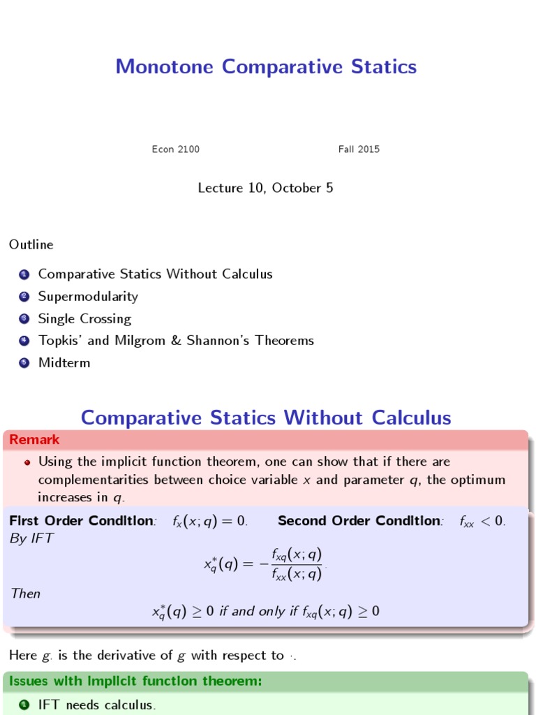Lecture - 10 Monotone Comparative Statics | PDF | Monotonic Function | Mathematical Optimization