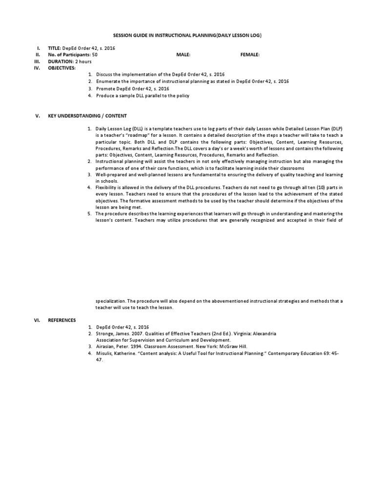 Session Guide for DepEd Order 42, s. 2016 | PDF | Lesson Plan ...