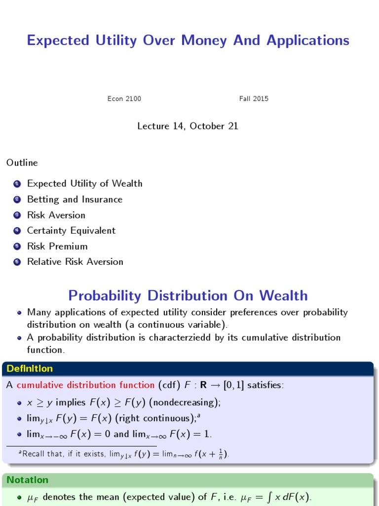 Lecture - 14 Expected Utility Over Money and Applications | PDF | Utility | Risk Aversion