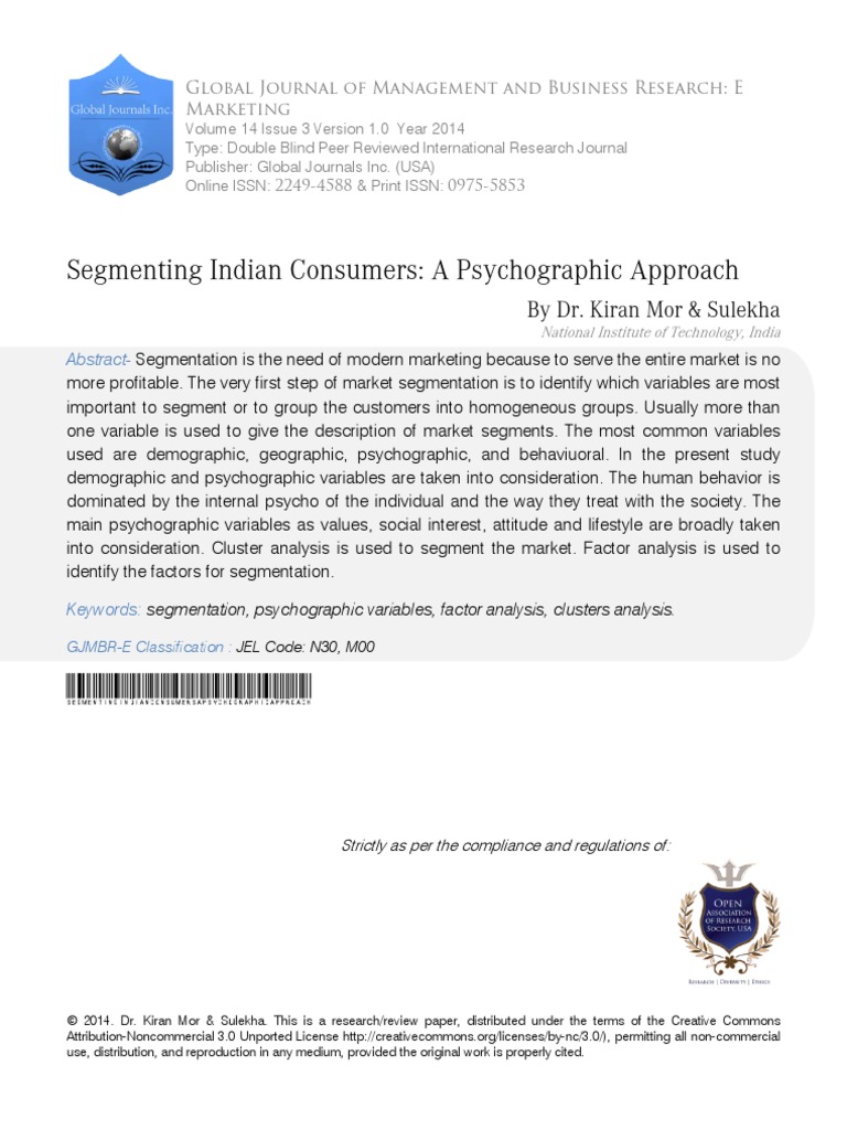 Segmenting Indian Consumers Pdf Market Segmentation Factor Analysis