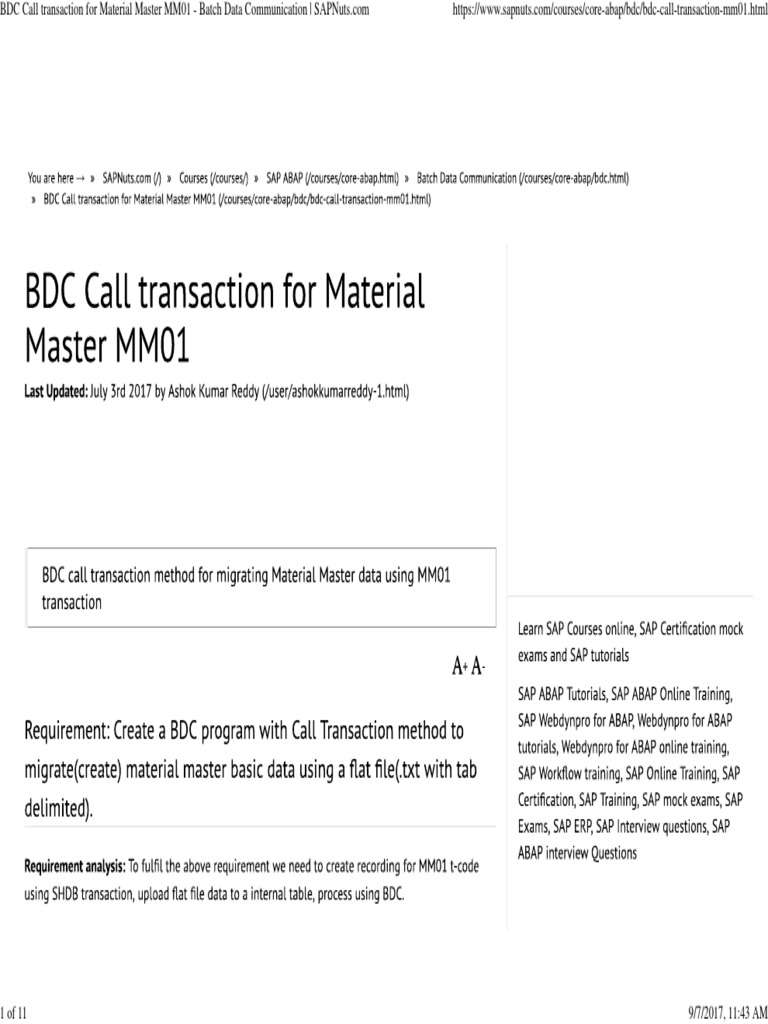 BDC Call Transaction For Material Master MM01 - Batch Data Communication - SAPNuts | PDF ...