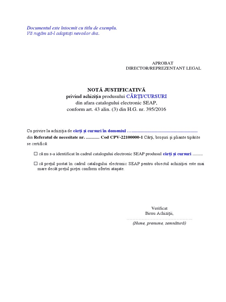 Nota Justificativa Achizitii Din Afara SEAP