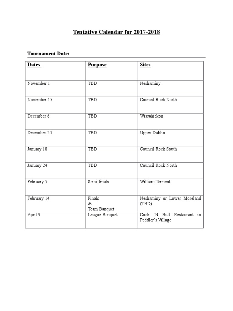 Tentative Calendar For 2017 | PDF