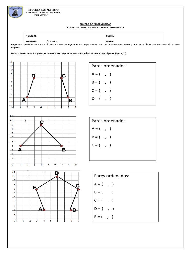 Prueba de Matemáticas Plano de Coordenadas y Par Ordenados ...