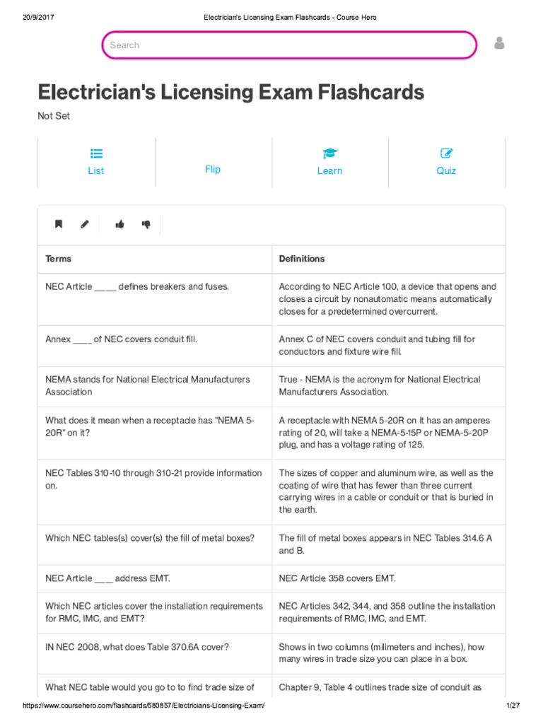 Electrician's Licensing Exam Flashcards - Course Hero | PDF