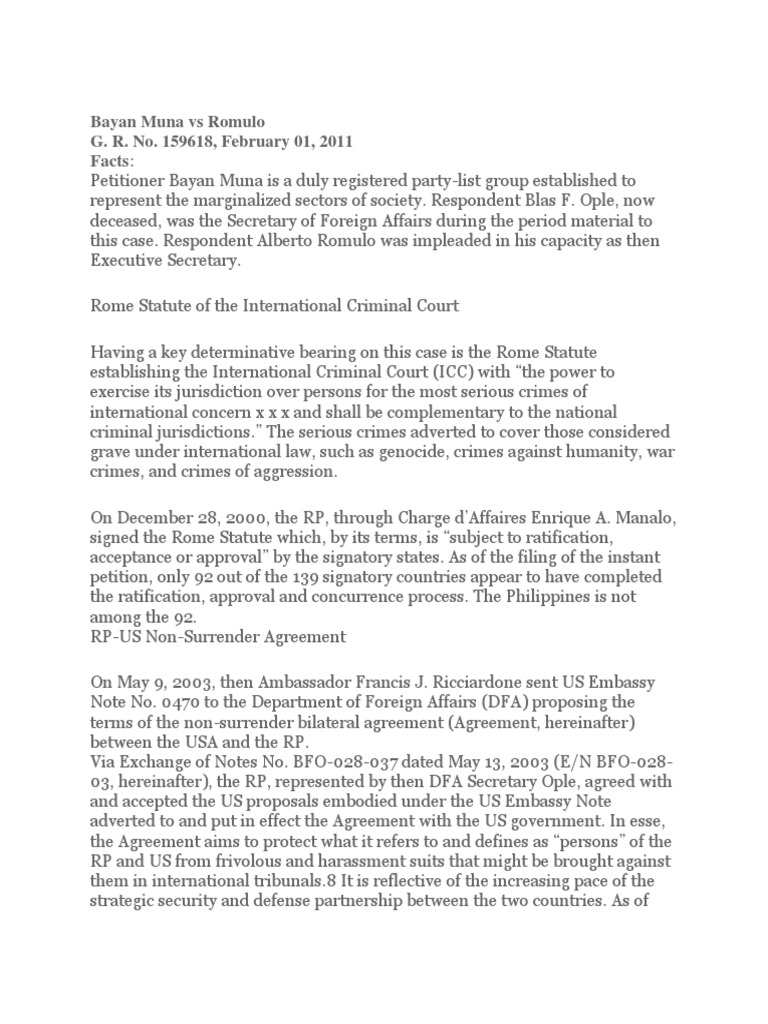 Bayan Muna v. Romulo | PDF | Treaty | International Criminal Court
