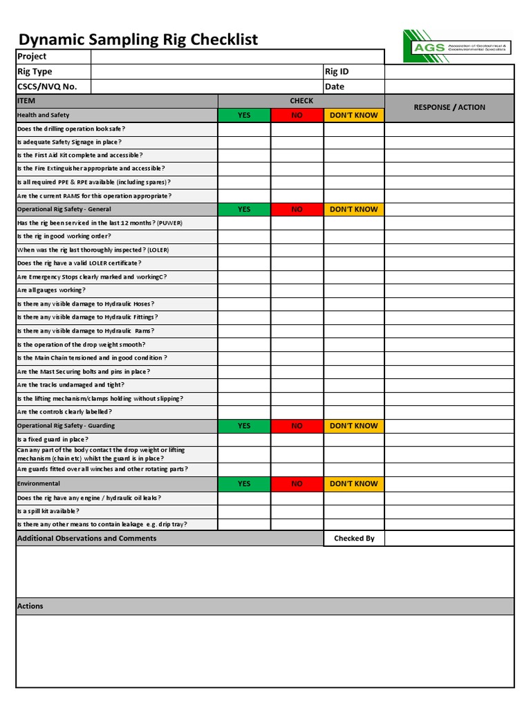 AGS Dynamic Sampling Rig PUWER Inspection Sheet | PDF