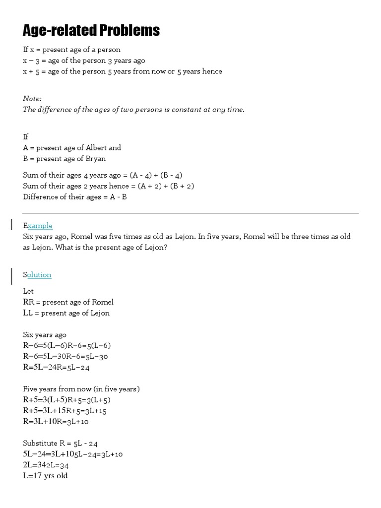 Age Problem | PDF | Subtraction | Equations