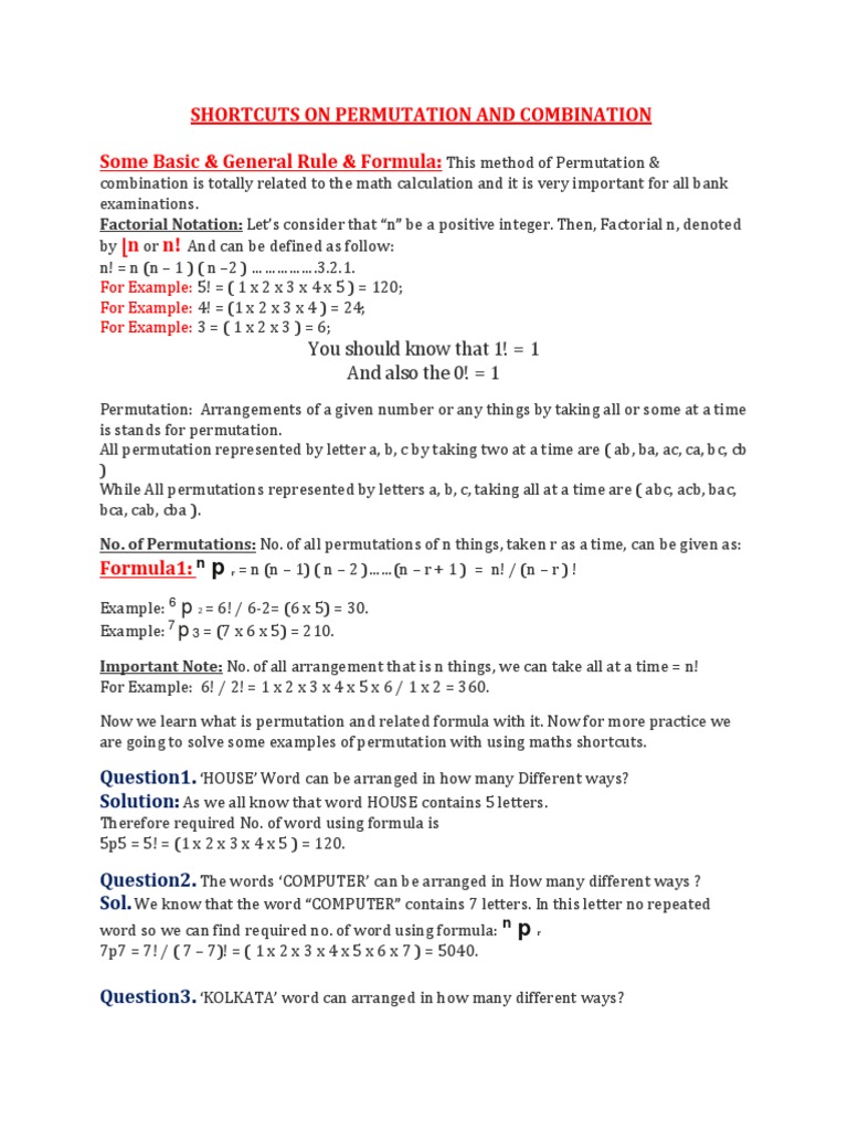 Shortcuts On Permutation and Combination | PDF