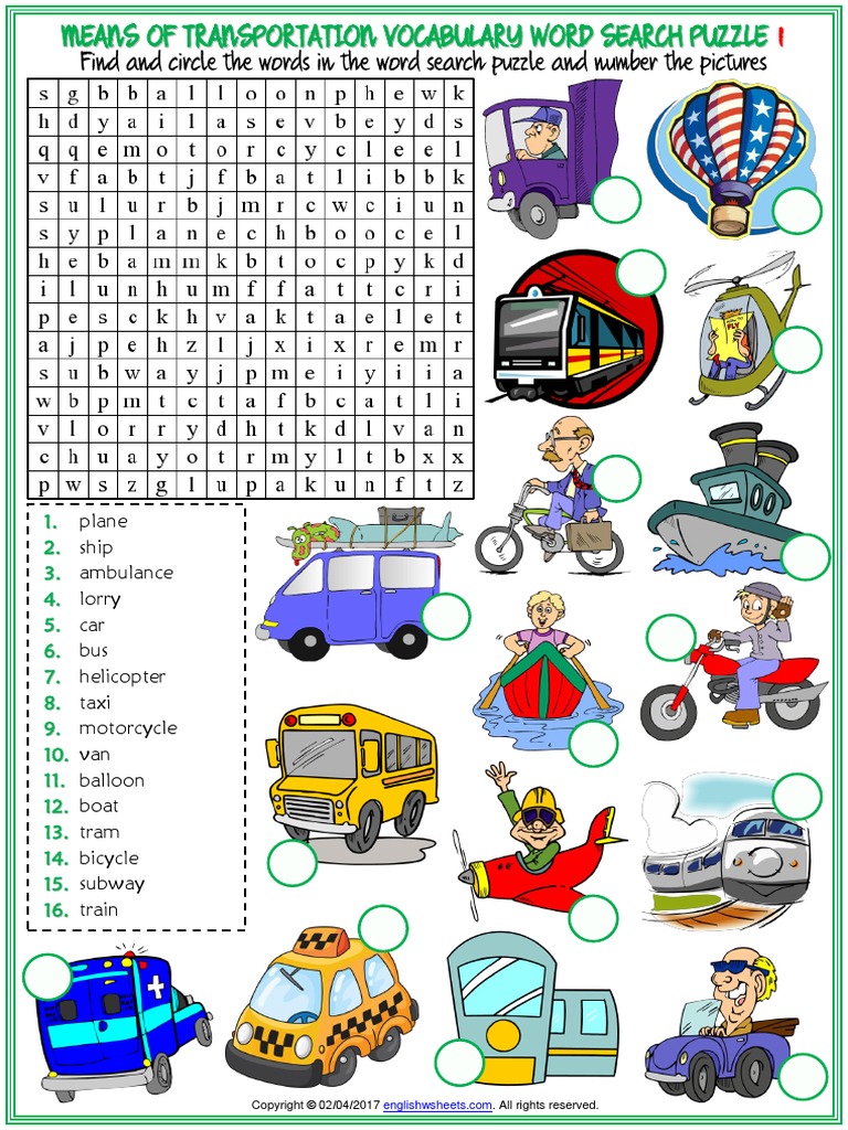 Means of Transportation Vocabulary Esl Word Search Puzzle Worksheets ...