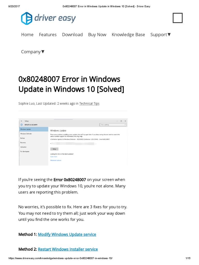0x80248007 Error in Windows Update in Windows 10 [Solved] - Driver Easy ...