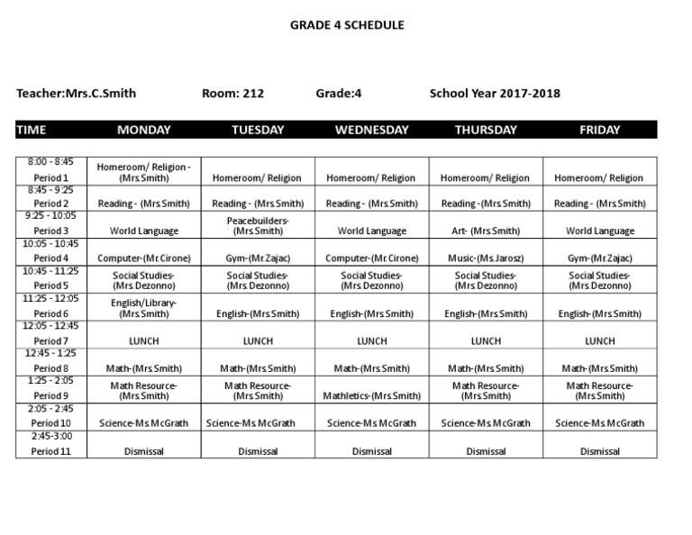 Grade 4 Schedule Student 2017-2018 | PDF